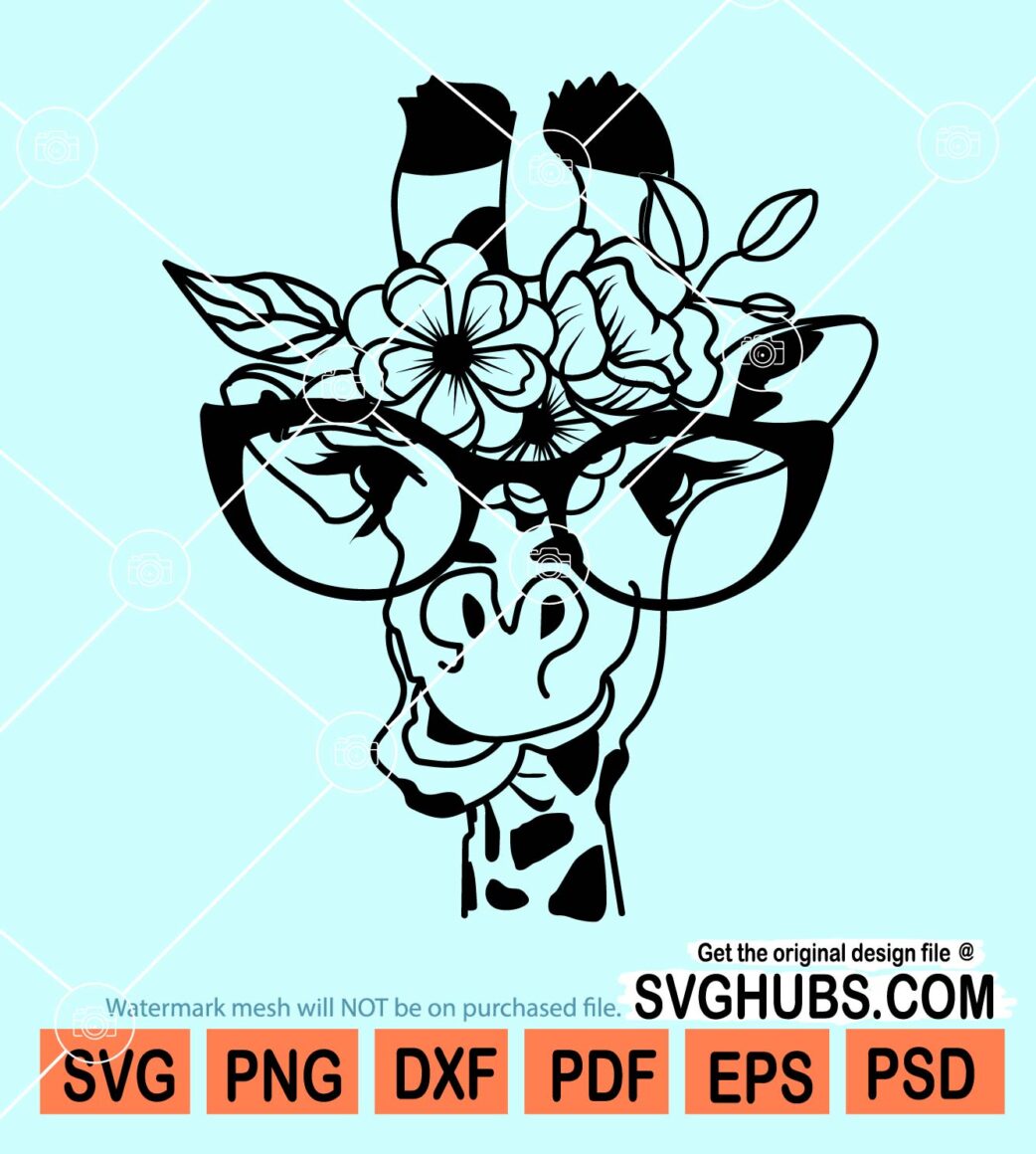Floral giraffe with glasses svg, Giraffe Flowers Crown Svg, Animal Svg ...