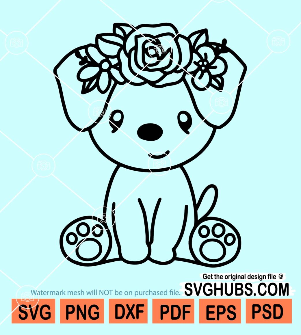 Puppy with flower crown svg, floral puppy svg, dog with flowers svg ...