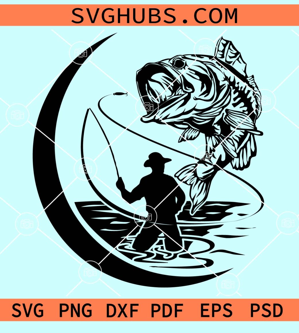 Bass fishing with crescent moon svg, Fisherman svg, Bass Jumping SVG ...