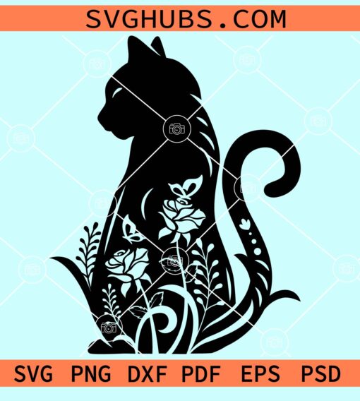Floral cat silhouette svg, Floral cat silhouette clipart svg, Floral ...