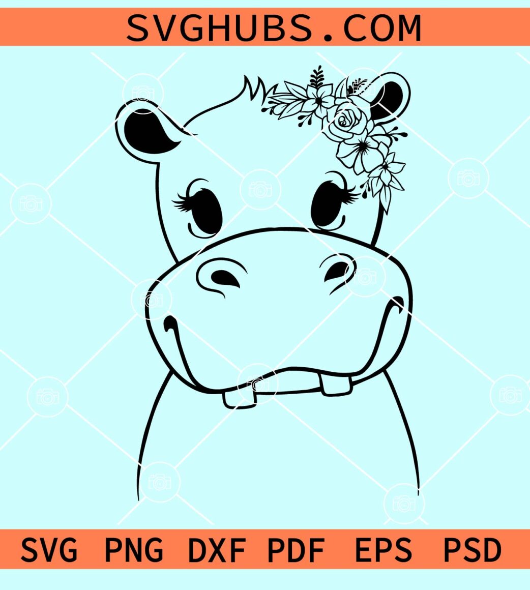 Hippo with floral crown svg, Hippopotamus with flowers svg, Floral ...