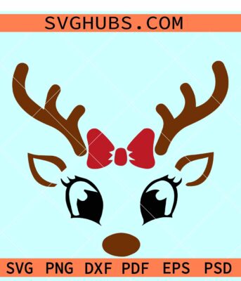 Christmas Reindeer Face SVG, Girl Reindeer SVG, Reindeer With Bow SVG