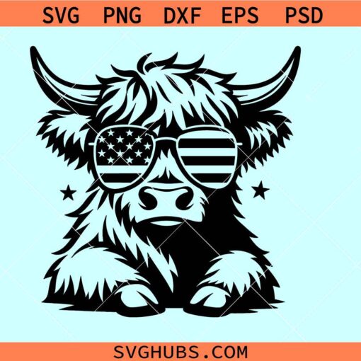 Highland cow with flag sunglasses svg, Patriotic Highland Cow SVG, 4th ...